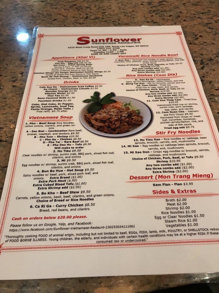 Carta de Sunflower Vietnamese Restaurant, North Las Vegas, W Craig Rd ...