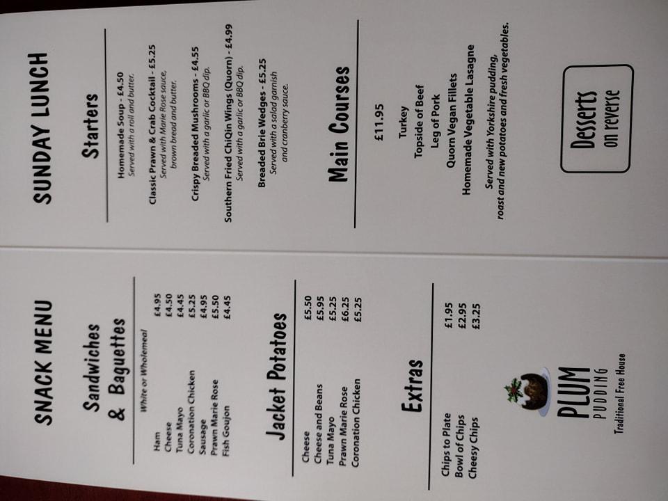 Menu at The Plum Pudding Inn pub & bar, Rugeley
