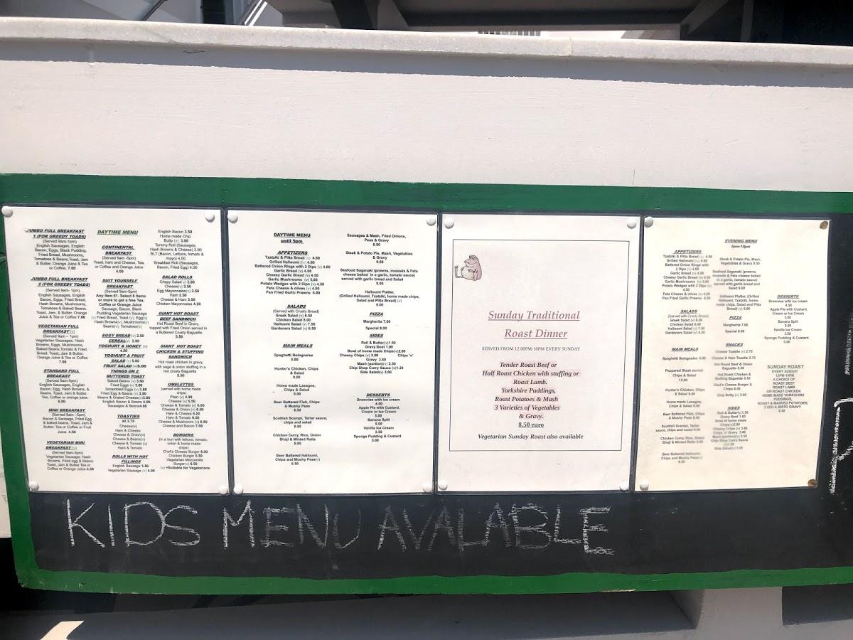 Menu at The Toad in the Hole, Laganas