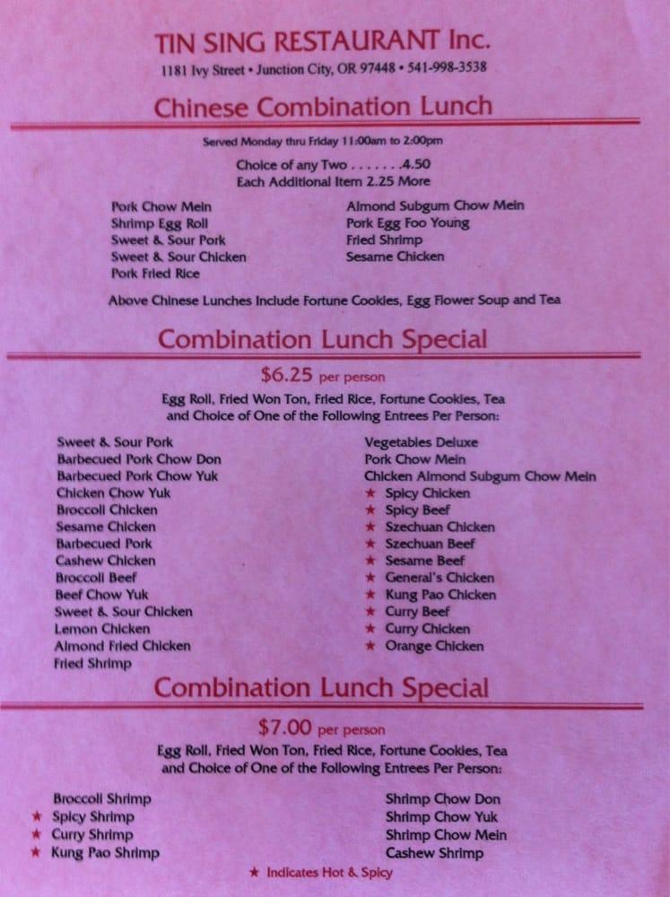 Menu at Tin Sing restaurant, Junction City