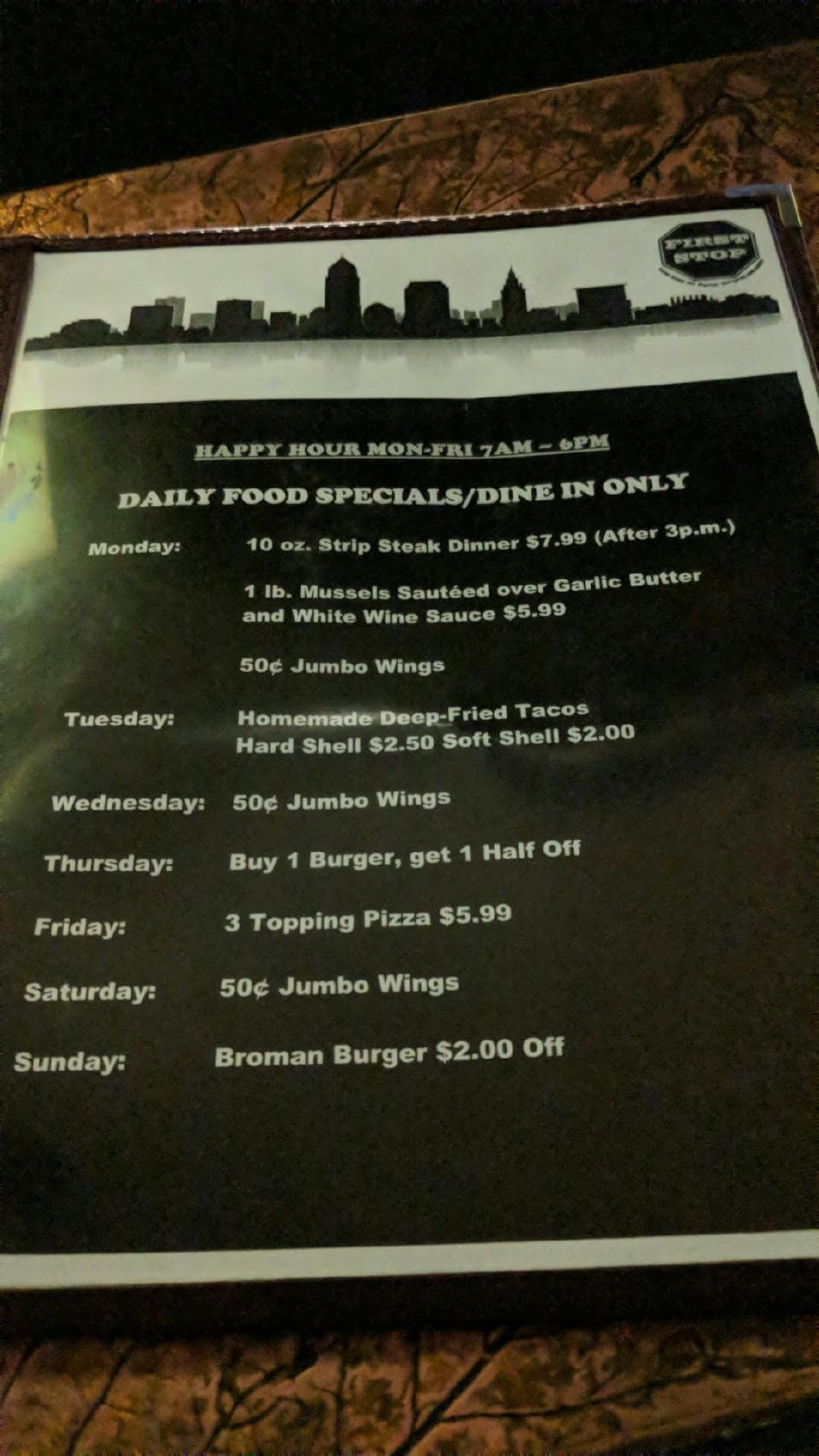Menu at First Stop pub & bar, Parma