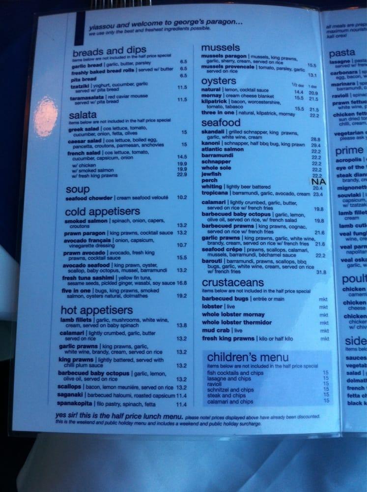 Menu at George's Paragon Seafood Restaurant, Brisbane City