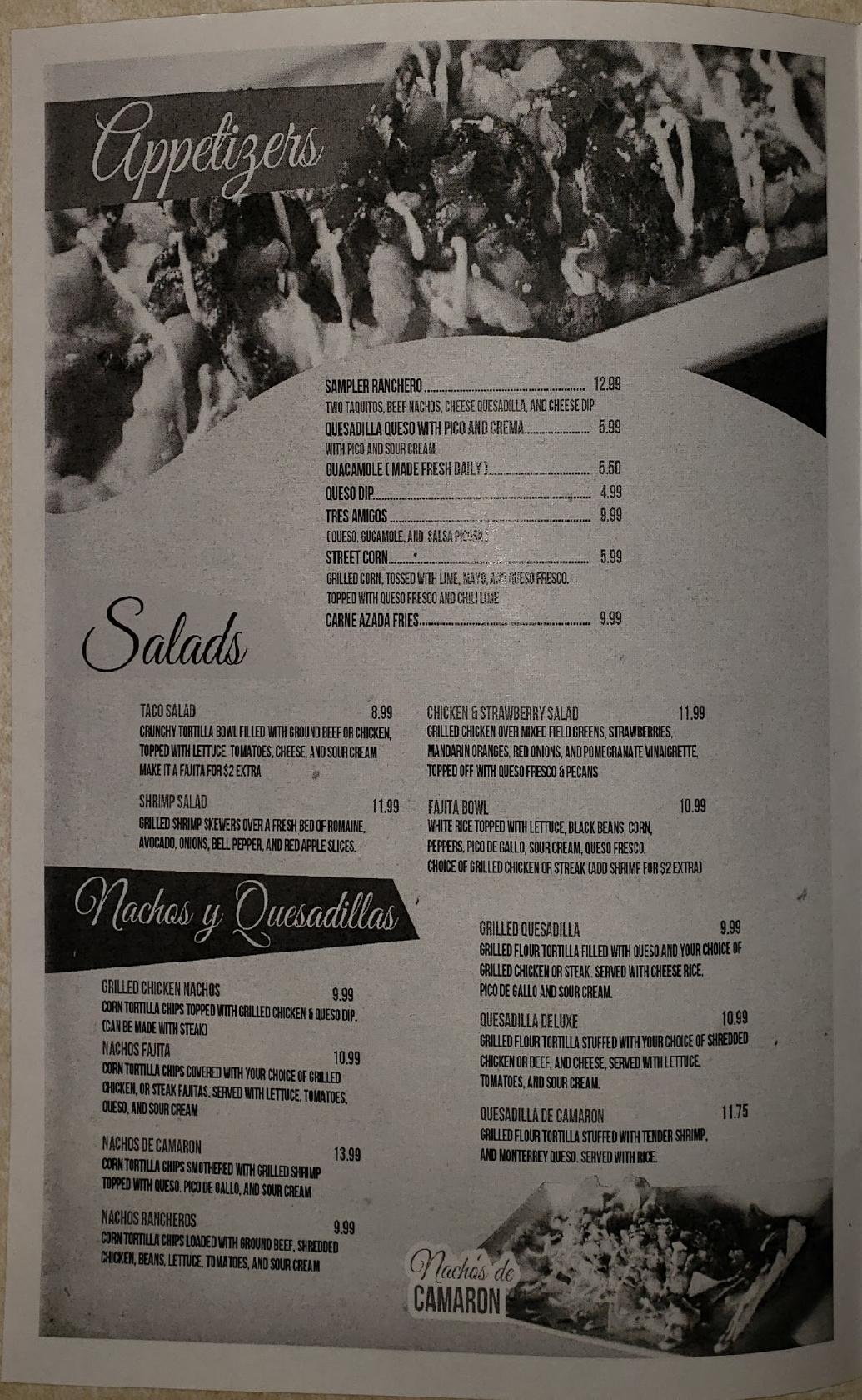 Menu at Los Rancheros restaurant, Litchfield