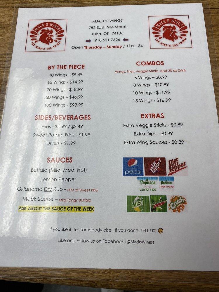 Menu at Mack's Wings restaurant, Tulsa