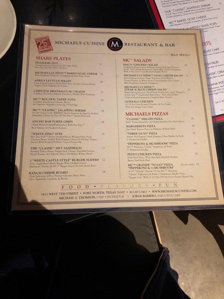 Menu at Michaels Cuisine Restaurant & Bar, Fort Worth