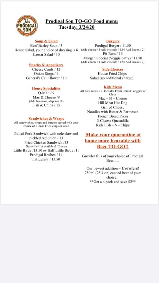 Menu at Prodigal Son Brewery & Pub, Pendleton