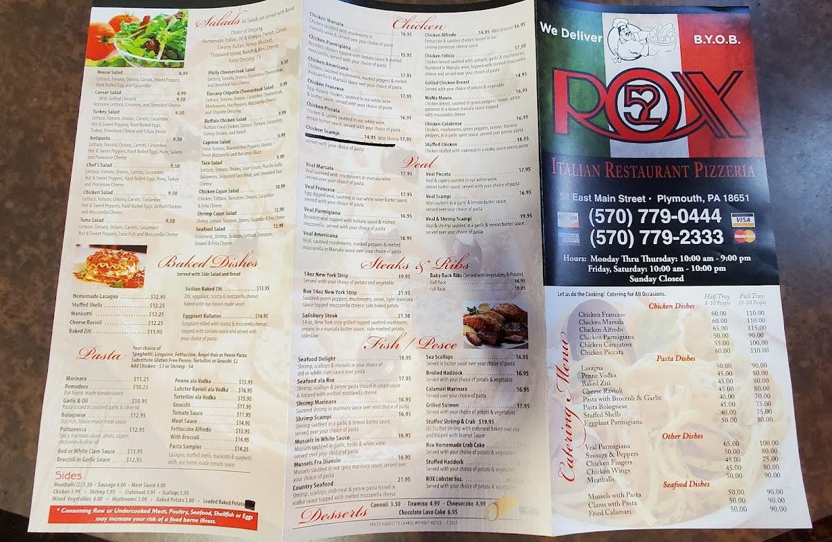 Menu at ROX 52 restaurant, Plymouth