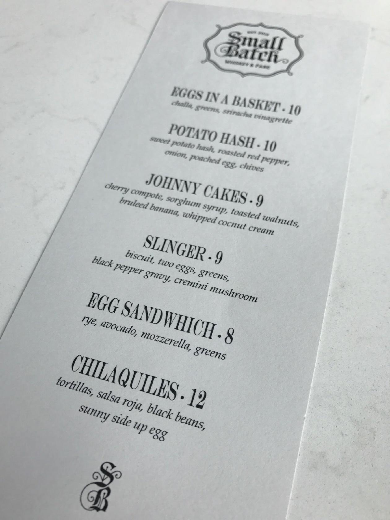 Menu at Small Batch Whiskey & Fare pub & bar, St. Louis