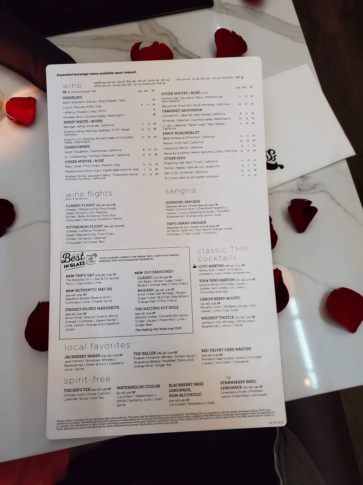 Menu at The Melting Pot restaurant, Pittsburgh