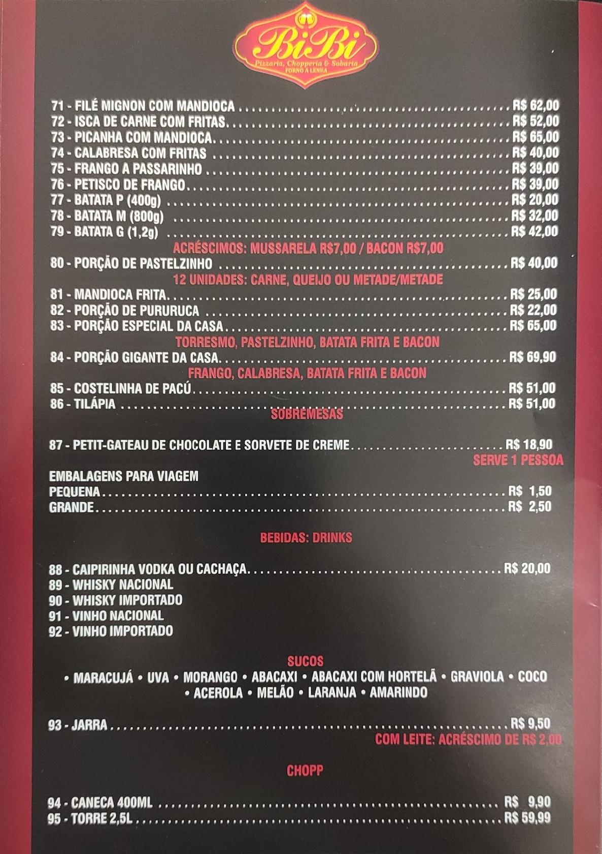 Menu at BiBi Pizzaria, Choperia e Sobaria, Campo Grande