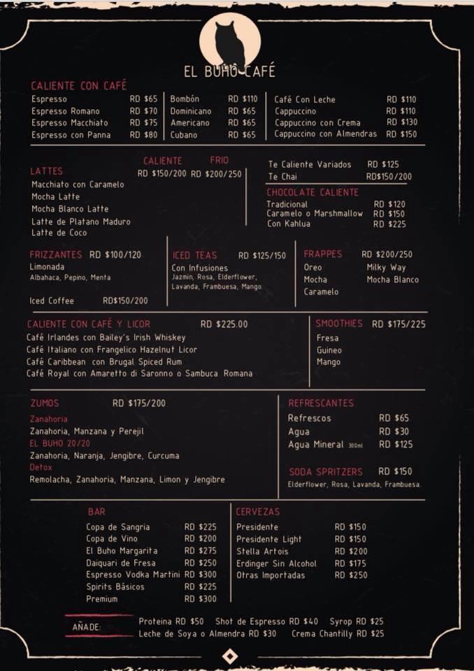 Menu at El Buho Eatery restaurant, Santo Domingo