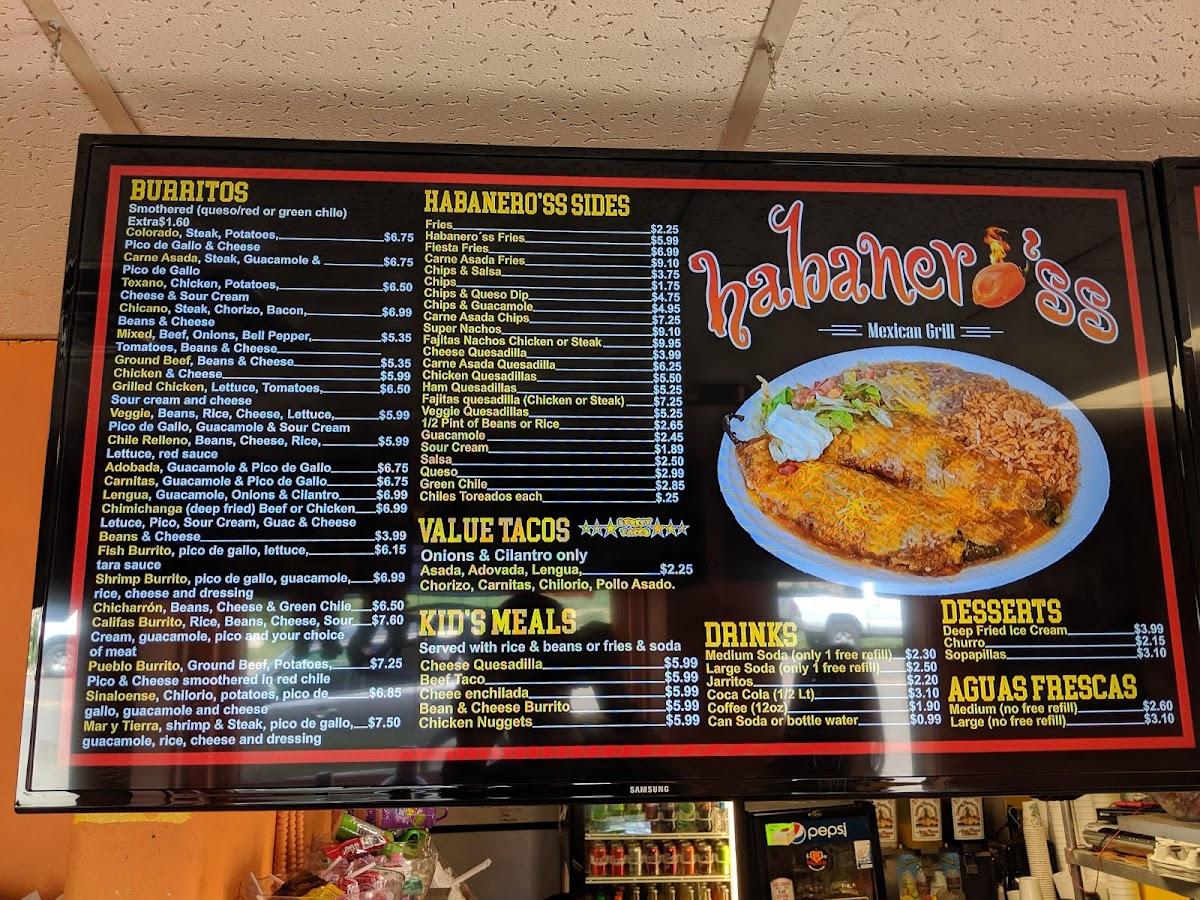 Menu at Habaneros' Mexican Grill restaurant, Trinidad