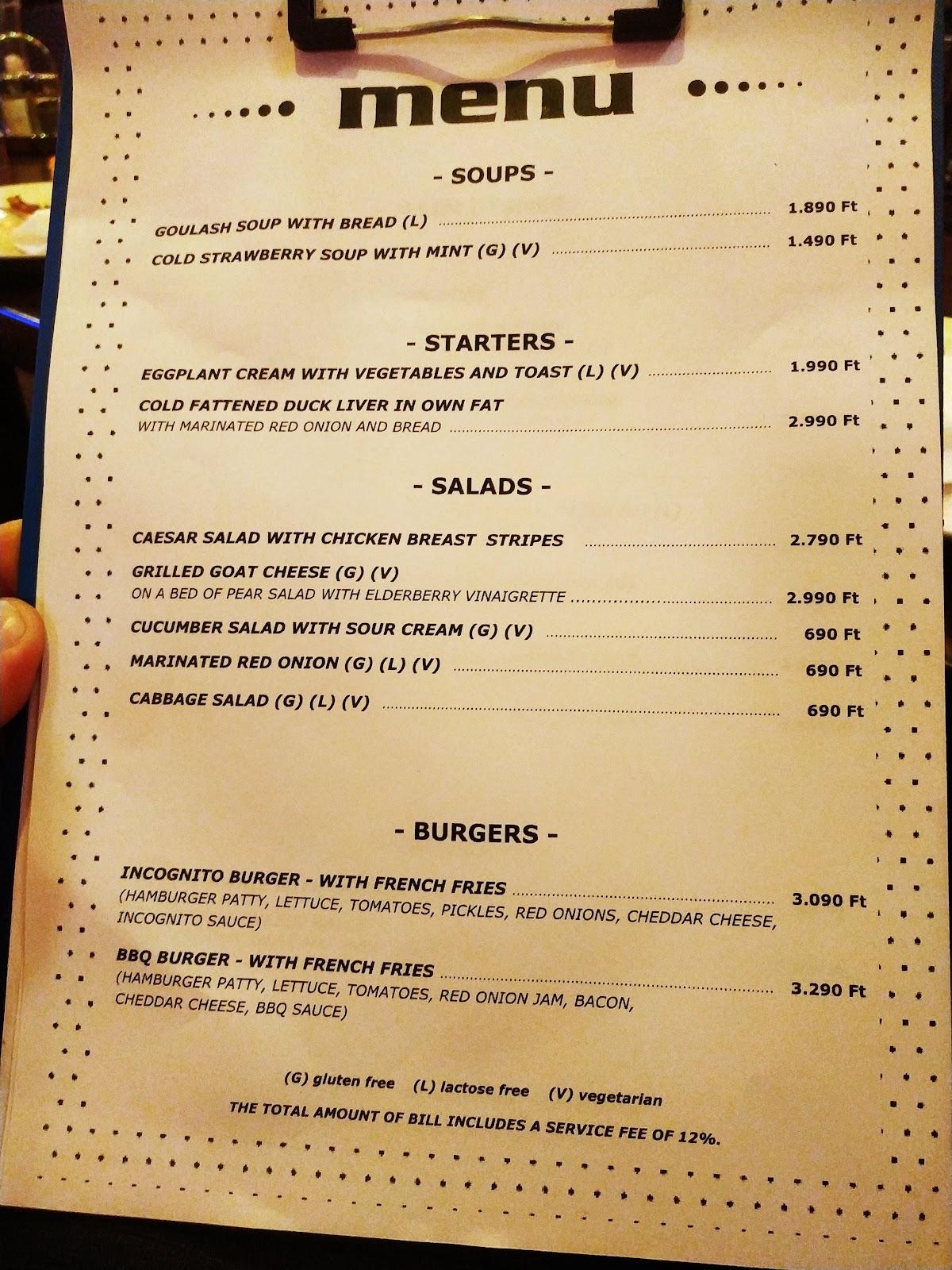 Menu at Incognito Bar Cafe, Budapest