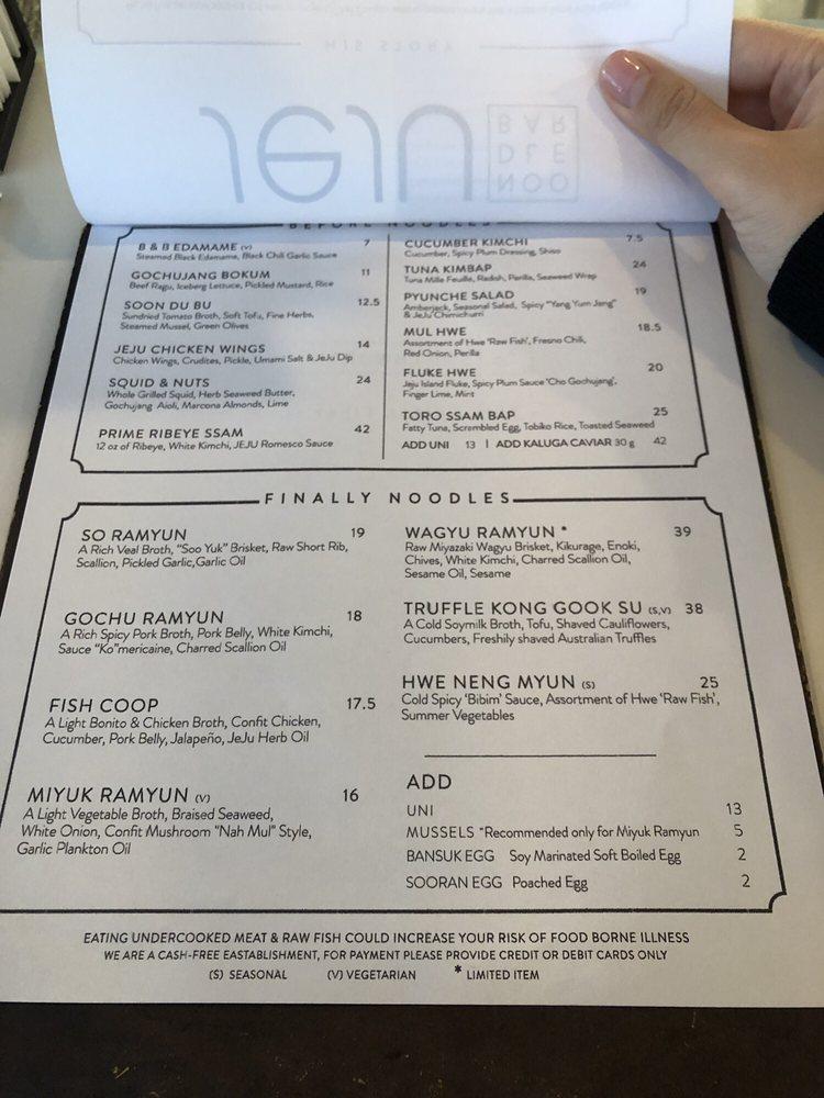 Menu at Jeju Noodle Bar, New York City