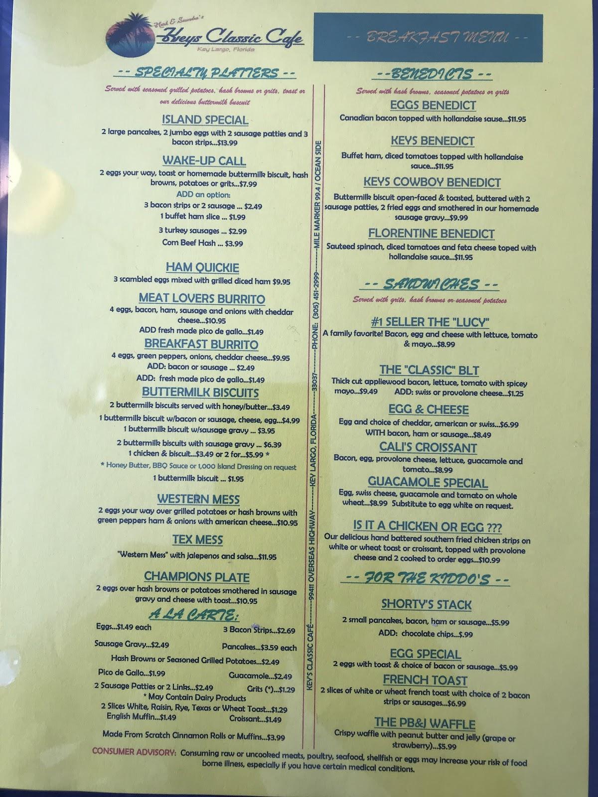 Menu at Key's Classic Cafe, Key Largo