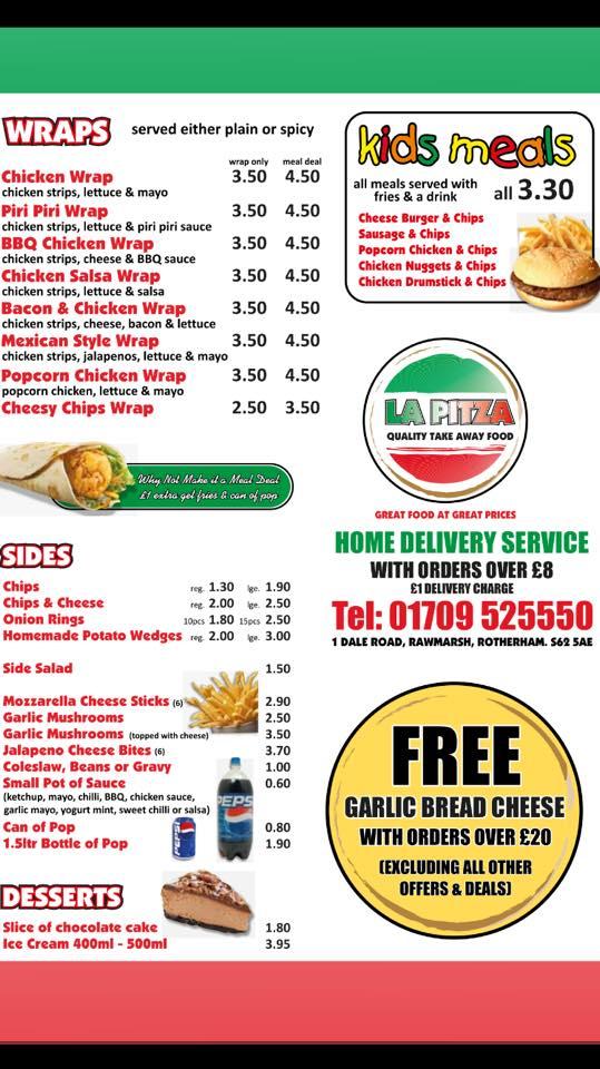 Menu at Lapitza pizzeria, Rotherham