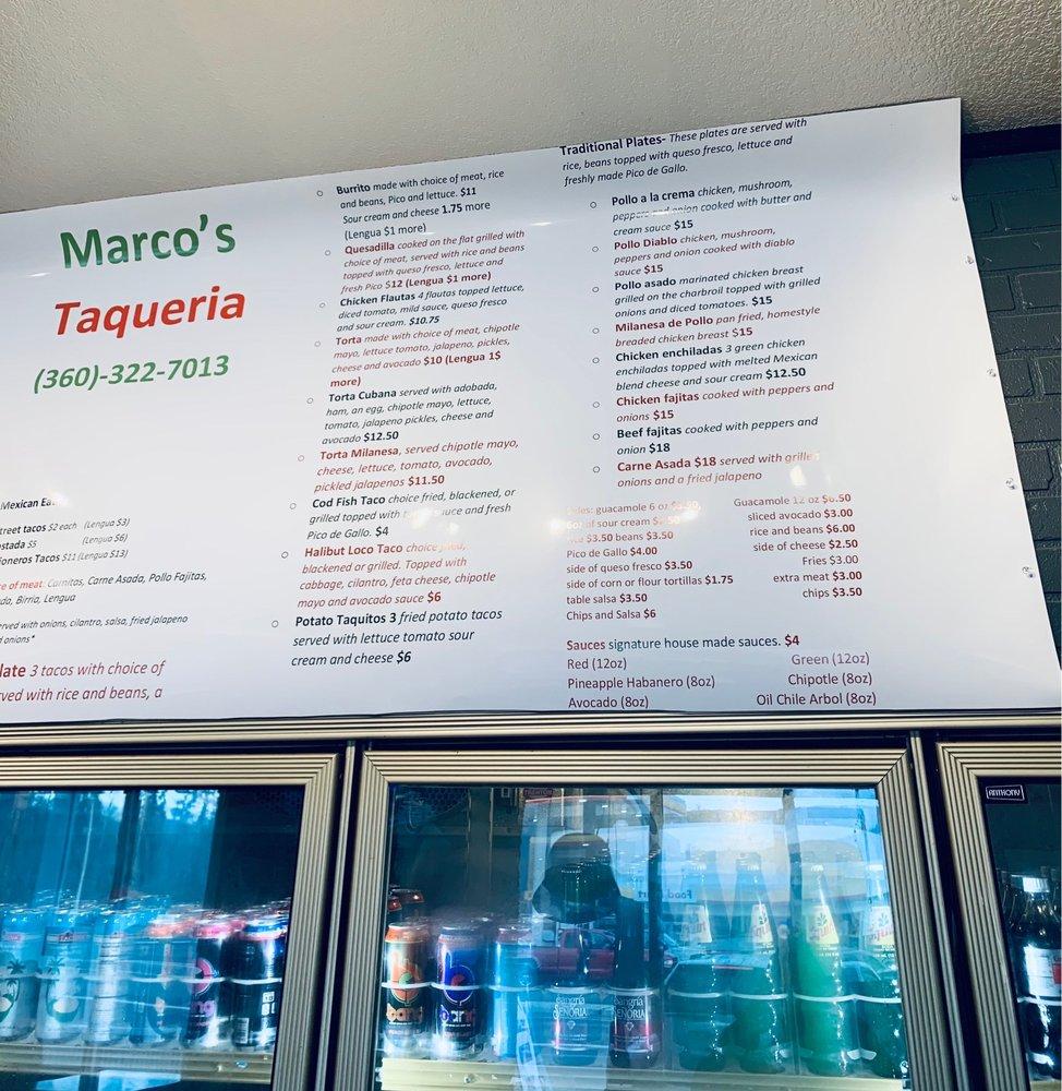 Menu at Marco's Taqueria restaurant, Granite Falls