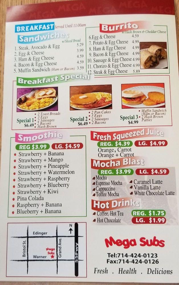 Menu at Mega Subs restaurant, Santa Ana