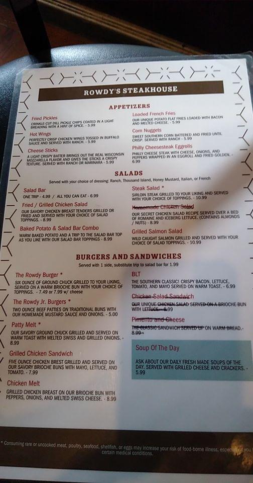 Menu at Rowdy's Steakhouse, Savannah, 390 Main St