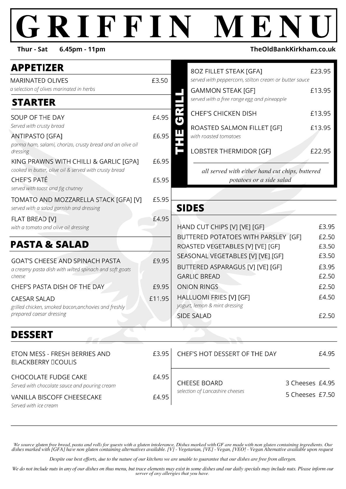 Carta del restaurante The Old Bank (Kirkham), Freckleton