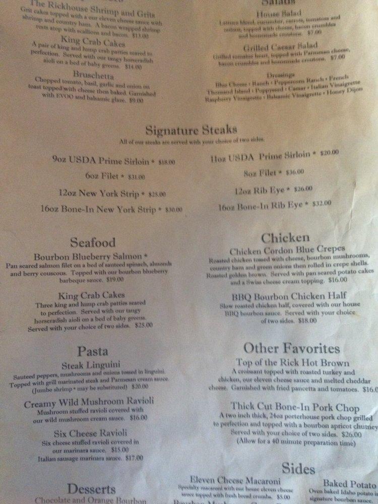 Menu at The Rickhouse steakhouse, Bardstown, Spalding Hall