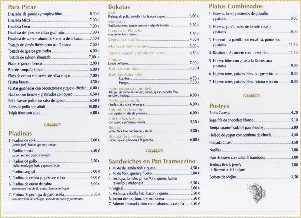 Carta del restaurante Beti - Jai, Aoiz