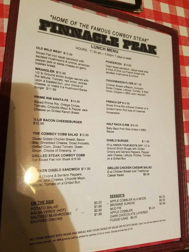 Menu at Pinnacle Peak Steakhouse, San Dimas