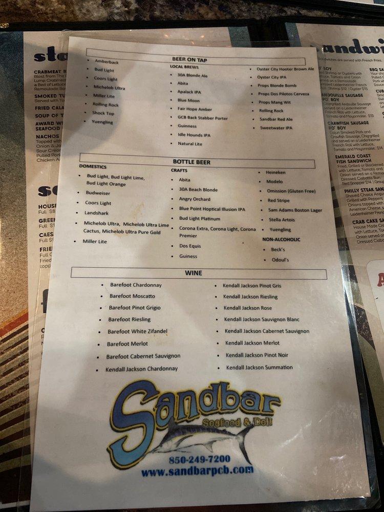 Menu at Sandbar, Panama City Beach
