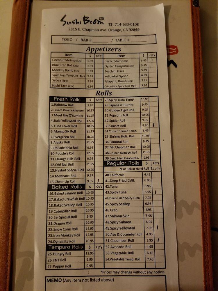 Menu at Sushi Boom restaurant, Orange