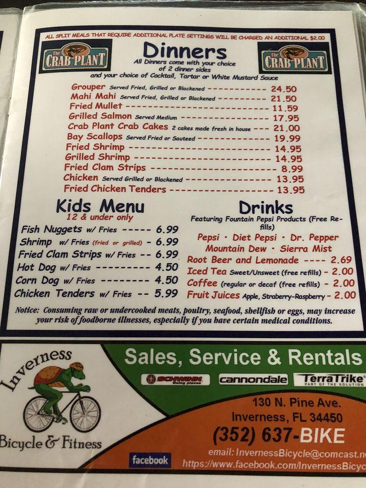 Menu at The Crab Plant restaurant, Crystal River