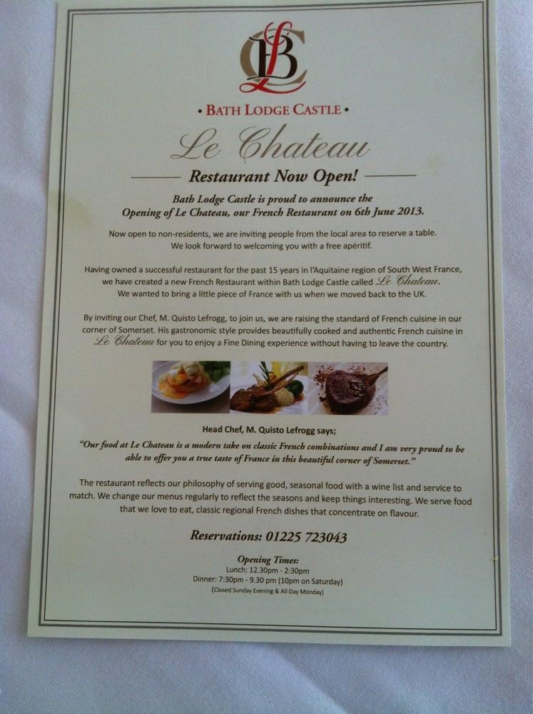 Menu at Bath Lodge Castle, London