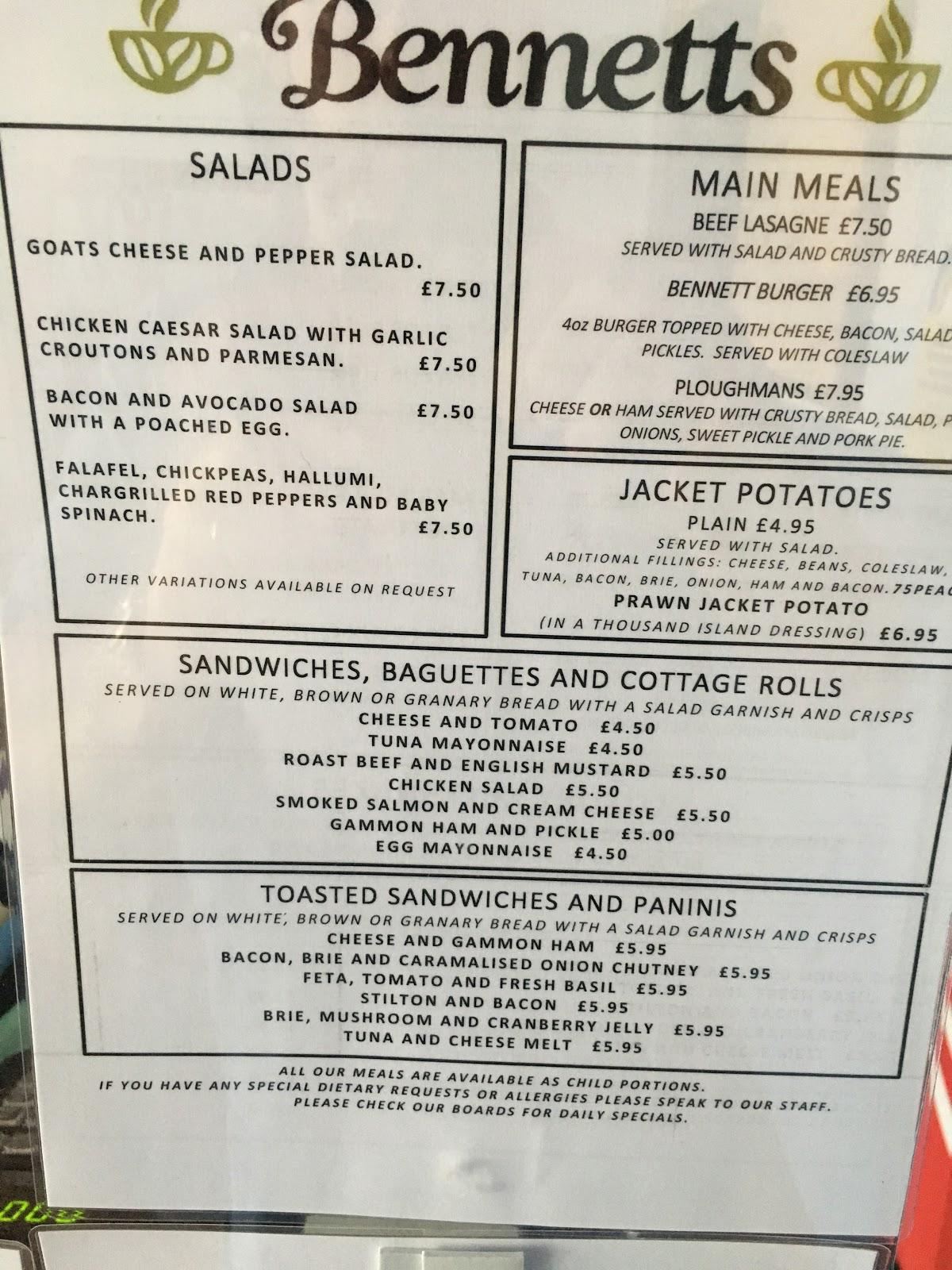 Menu at Bennett’s cafe, Brigstock