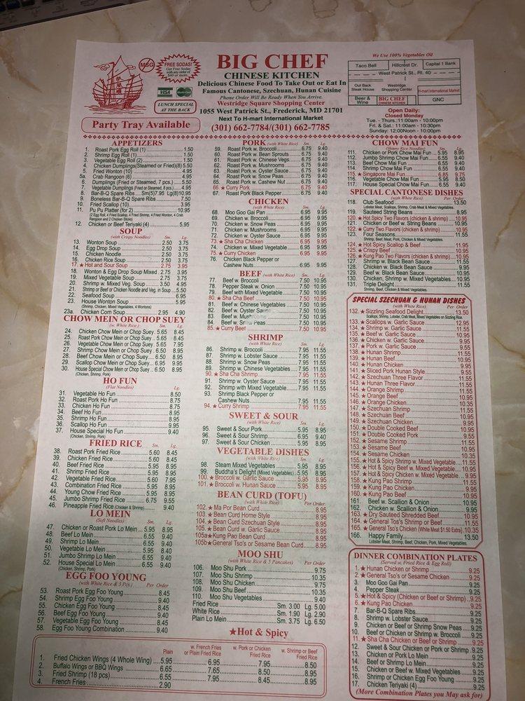 Menu at Big Chef Chinese Kitchen restaurant, Frederick