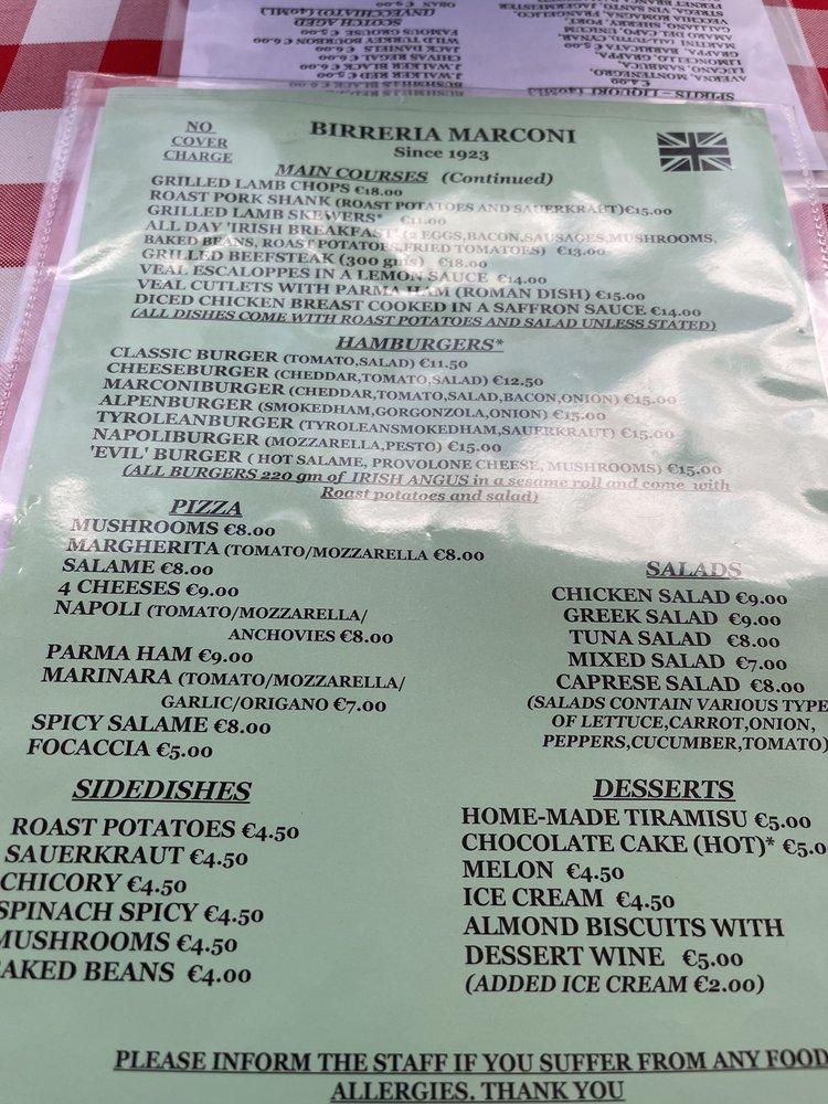 Menu at Birreria Marconi pub & bar, Rome, Via di Santa Prassede