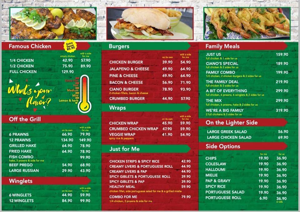 Menu at CIANO'S PORTUGUESE FLAVOUR restaurant, Boksburg