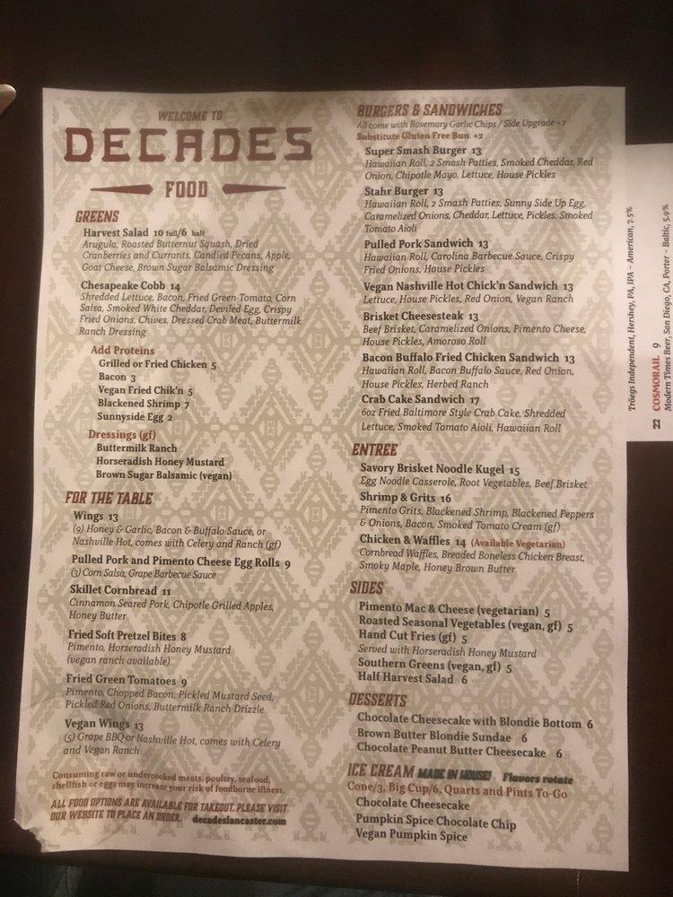 Menu at Decades pub & bar, Lancaster