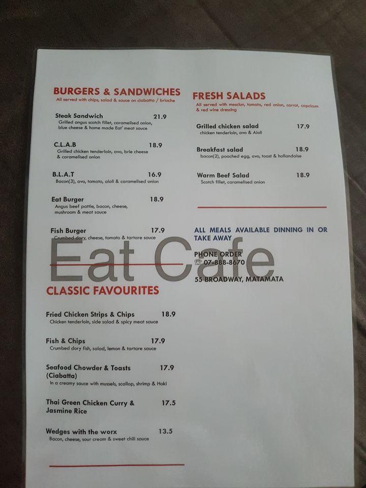 Menu at Eat Cafe, Matamata