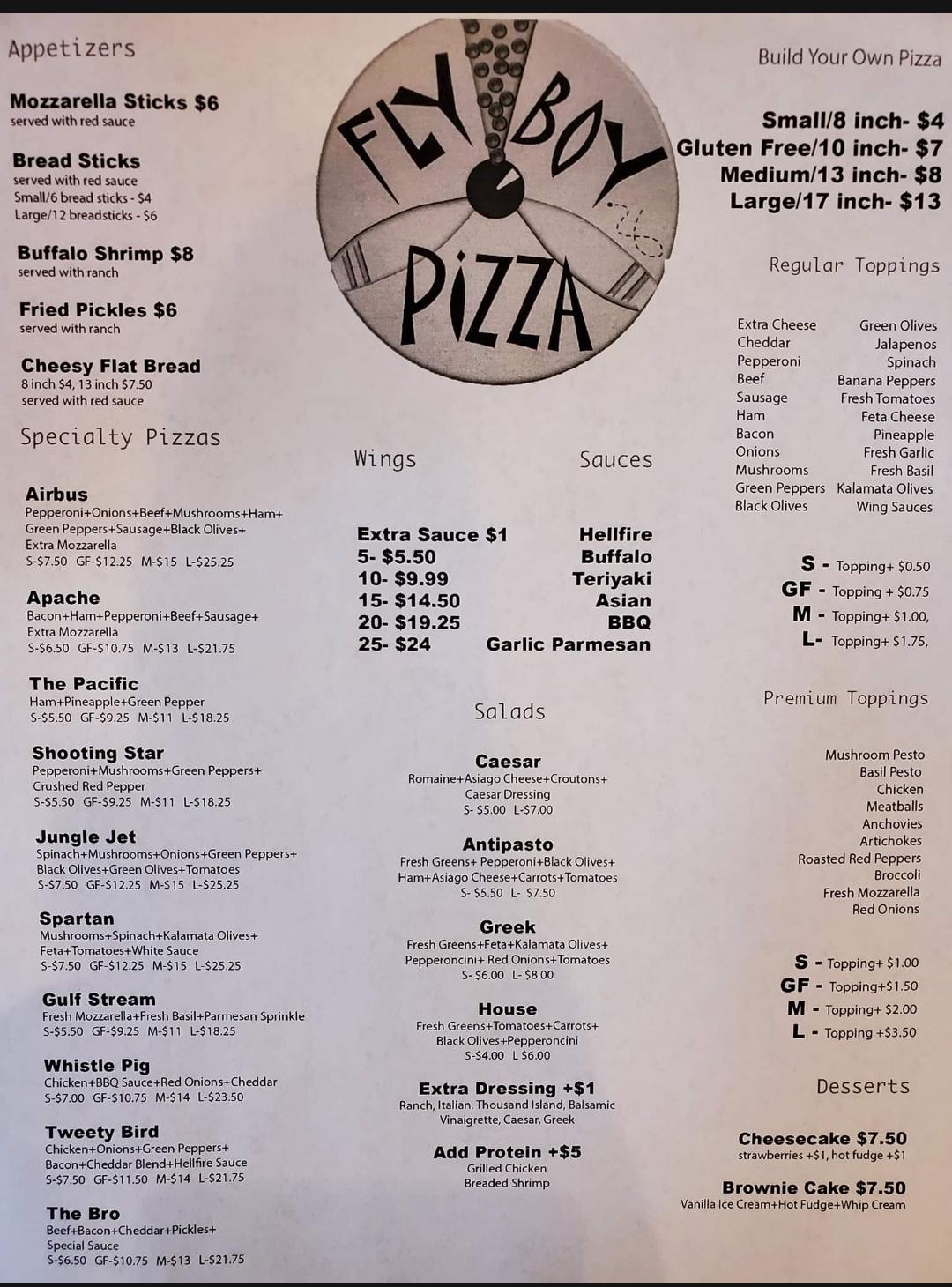 Menu at Fly Boy Pizza restaurant, Rutherfordton, 206 Fashion Cir