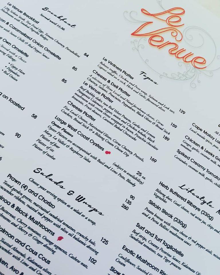 Menu at Giovannis Restaurant at the House of J.C. Le Roux, Stellenbosch