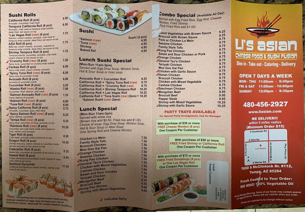 Menu at Li's Asian restaurant, Tempe