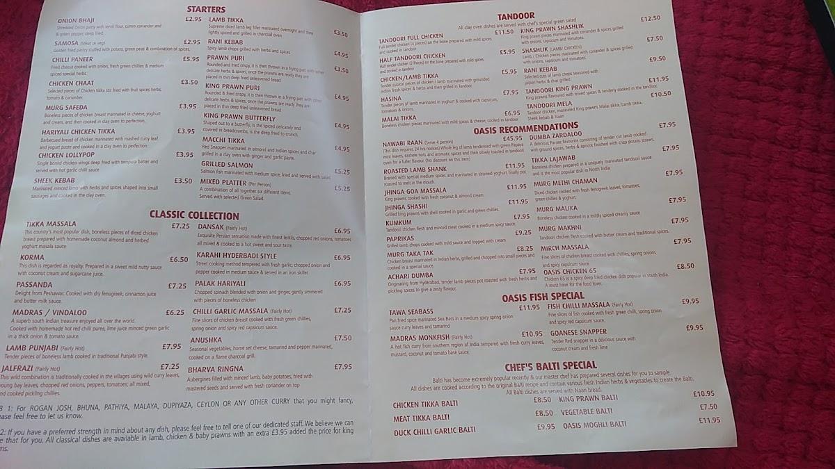 Menu at Oasis 2 Indian Restaurant, Stalham