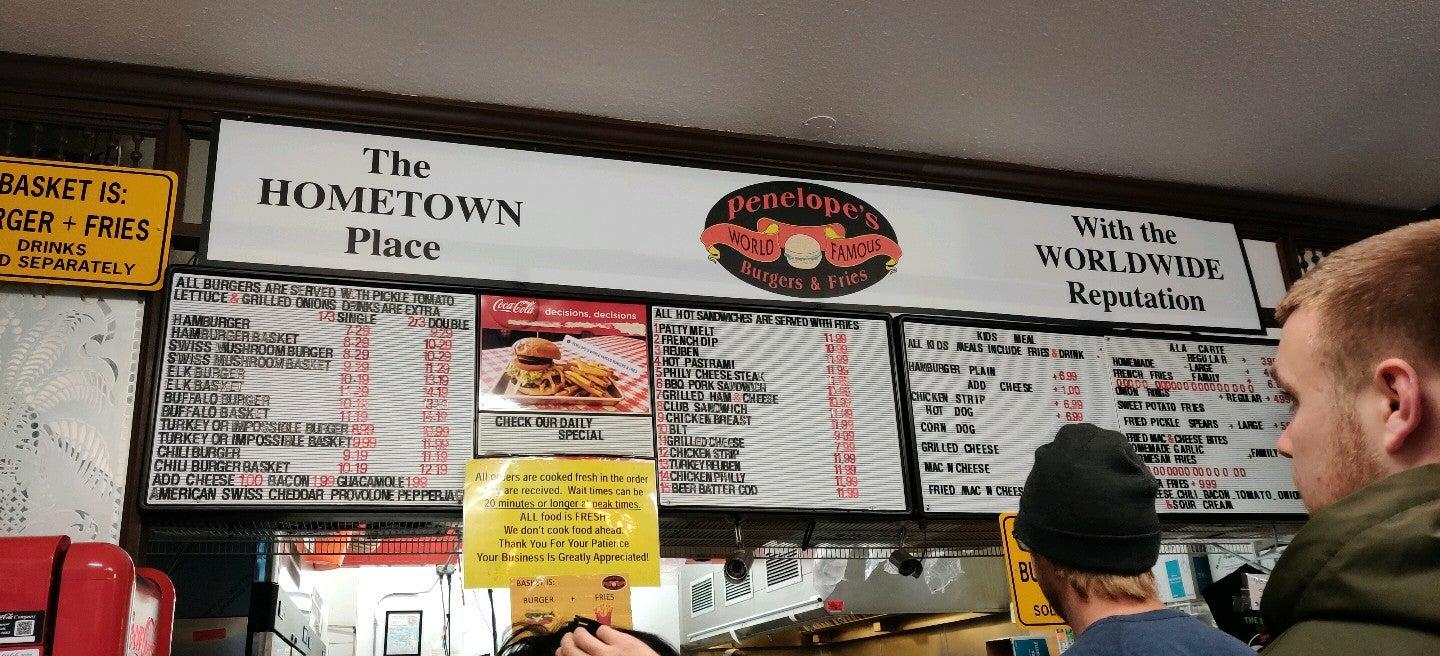 Menu at Penelope's Old Time Burgers restaurant, Estes Park