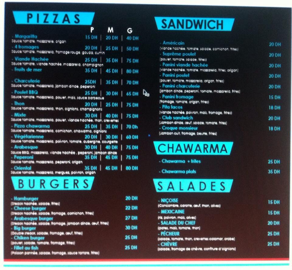 Menu at Pizza Arabesque 2 restaurant, Casablanca