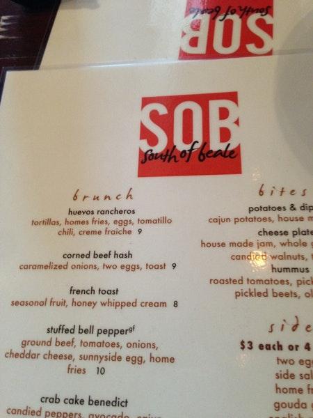 Menu at SOB Downtown restaurant, Memphis