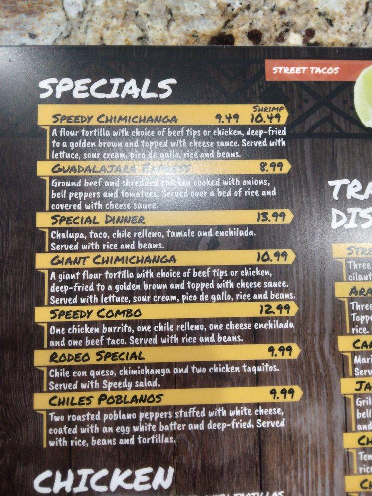 Menu at Speedy Burritos restaurant, Joplin