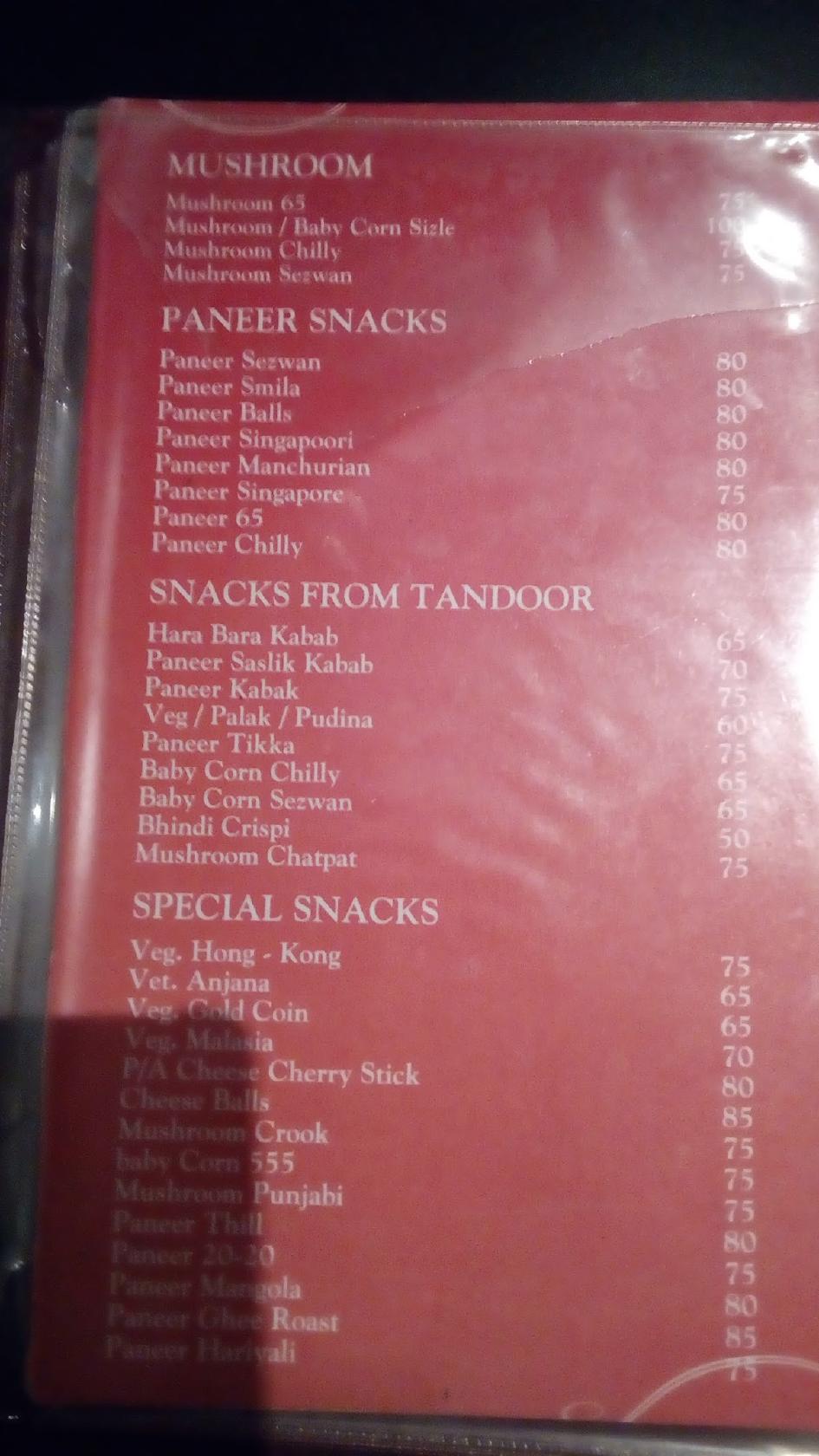 Menu at Spice Box, Toranagallu