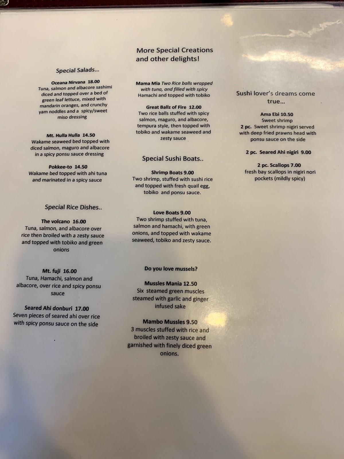 Menu at Sushi Mambo restaurant, Calistoga