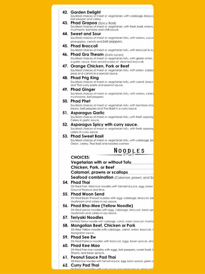 Menu at Taste of Thai restaurant, Hermiston