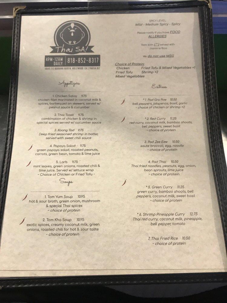 Menu at Thai SA! restaurant, Los Angeles, 1/2 Burbank Blvd