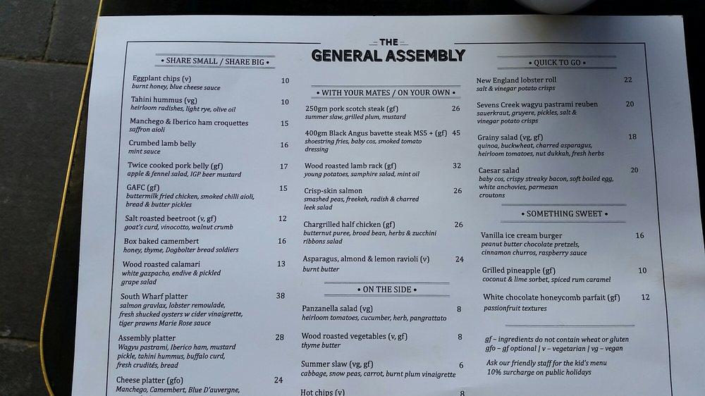 Menu at The General Assembly pub & bar, South Wharf